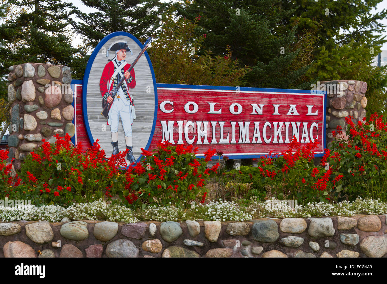 Colonial Michilimackinac sign in Mackinaw City, Michigan, USA Stock ...