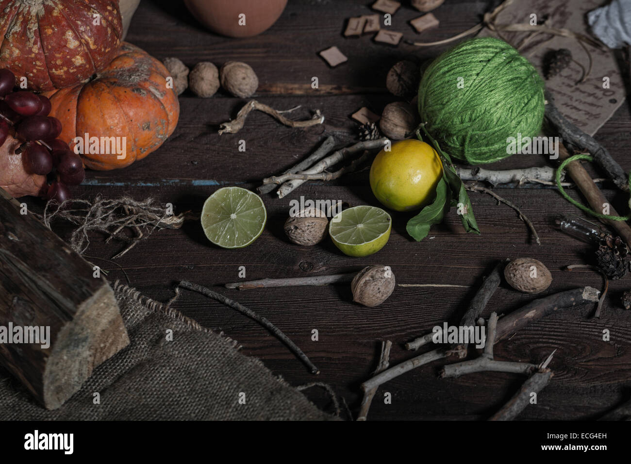 Still life of ingredients for making potions witch. Nuts, sticks ...