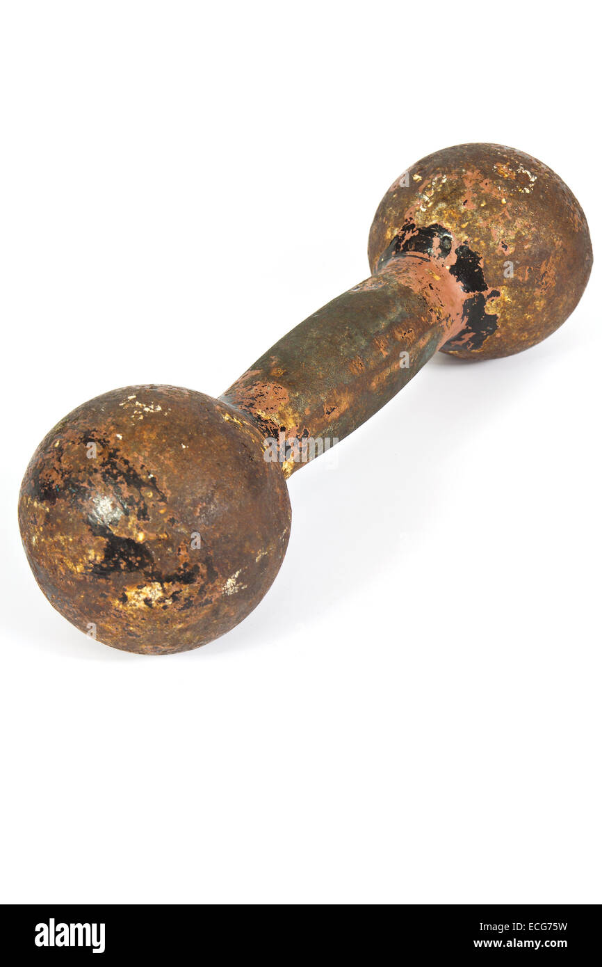 Gymnastic heavy dumbbell soiled and rusted white background Stock Photo ...