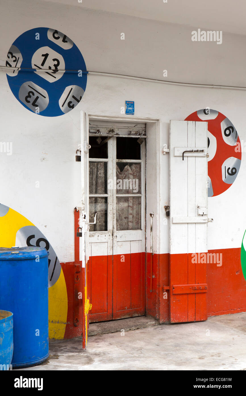 Mauritius, Mahebourg, town centre, doorway of Lotto building decorated ...
