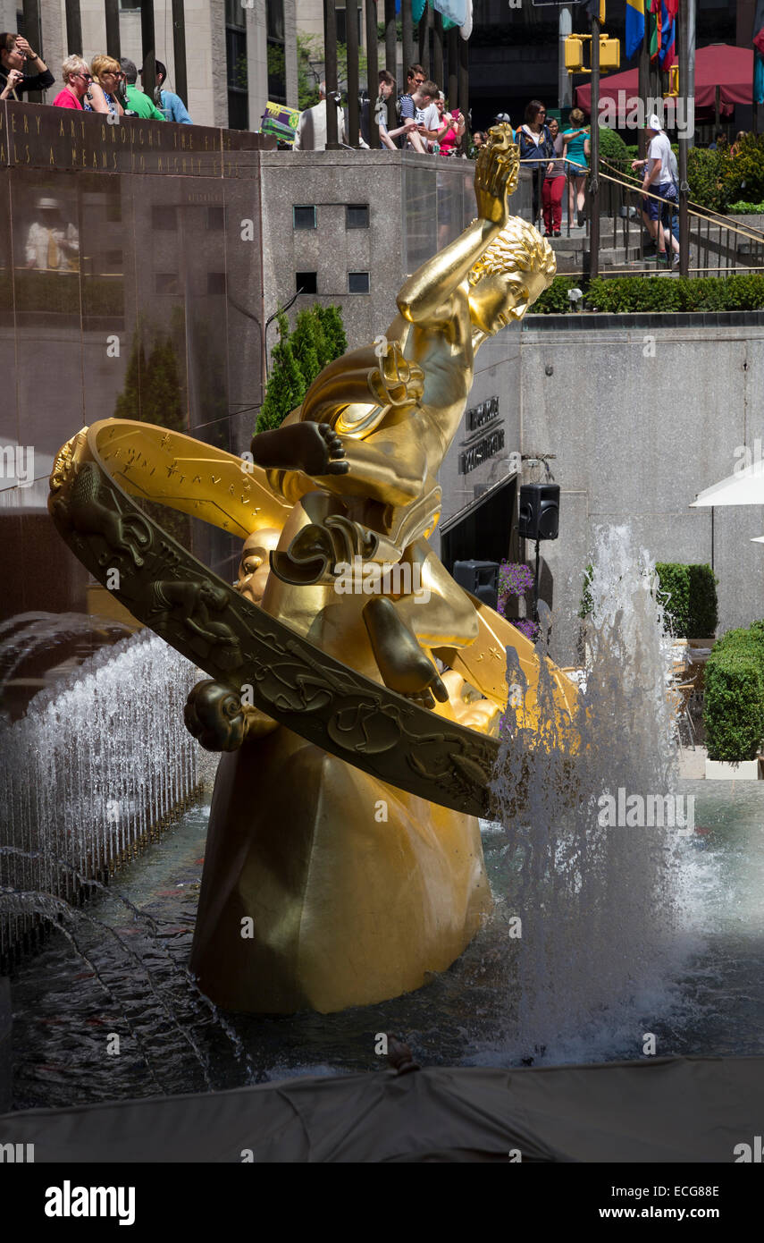 Paul Manship's gilded bronz.e statue of Promtheus in fron of ...