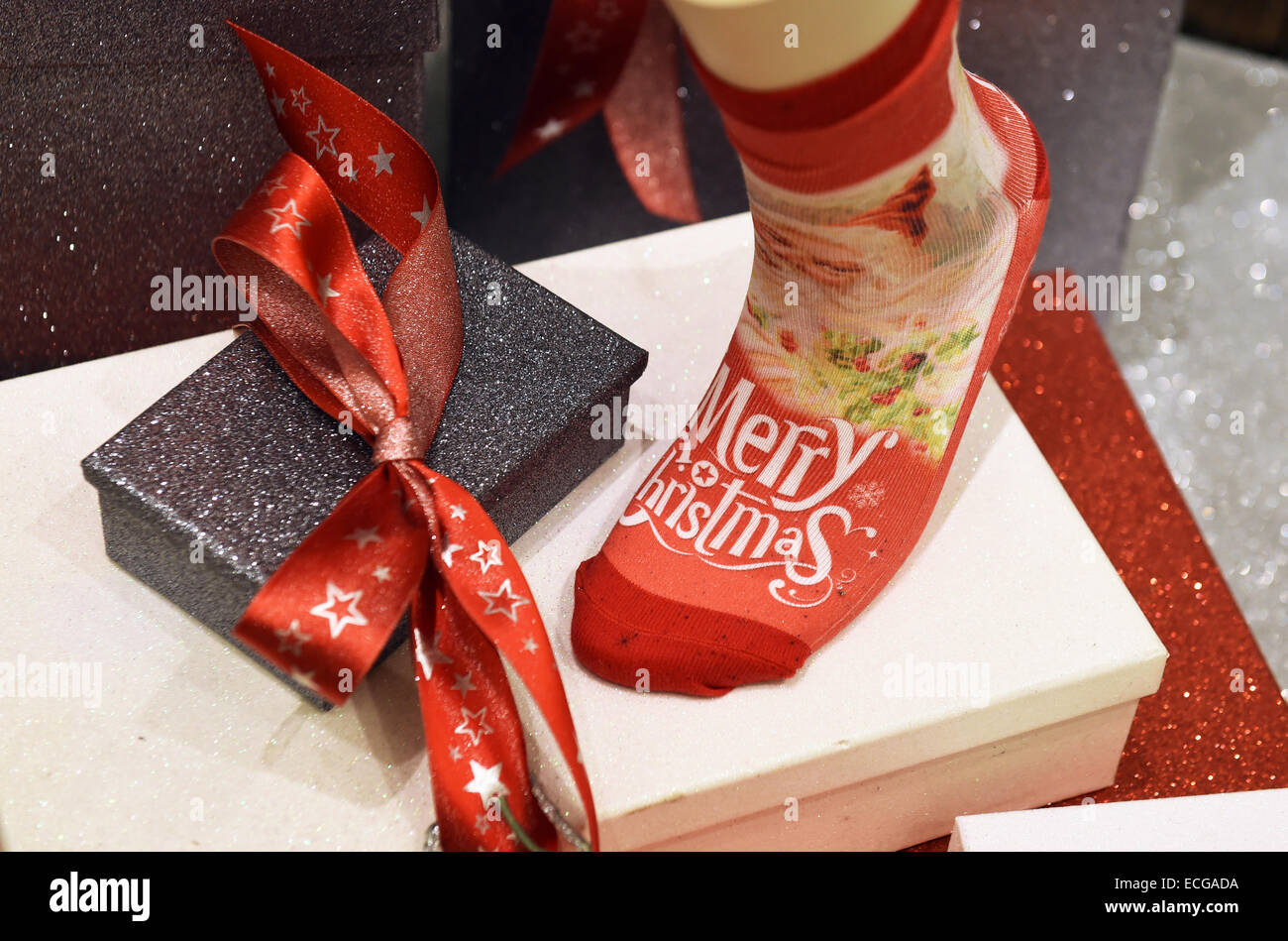 "Merry Christmas" socks worn by a mannequin at the Galeria Kaufhof at ...