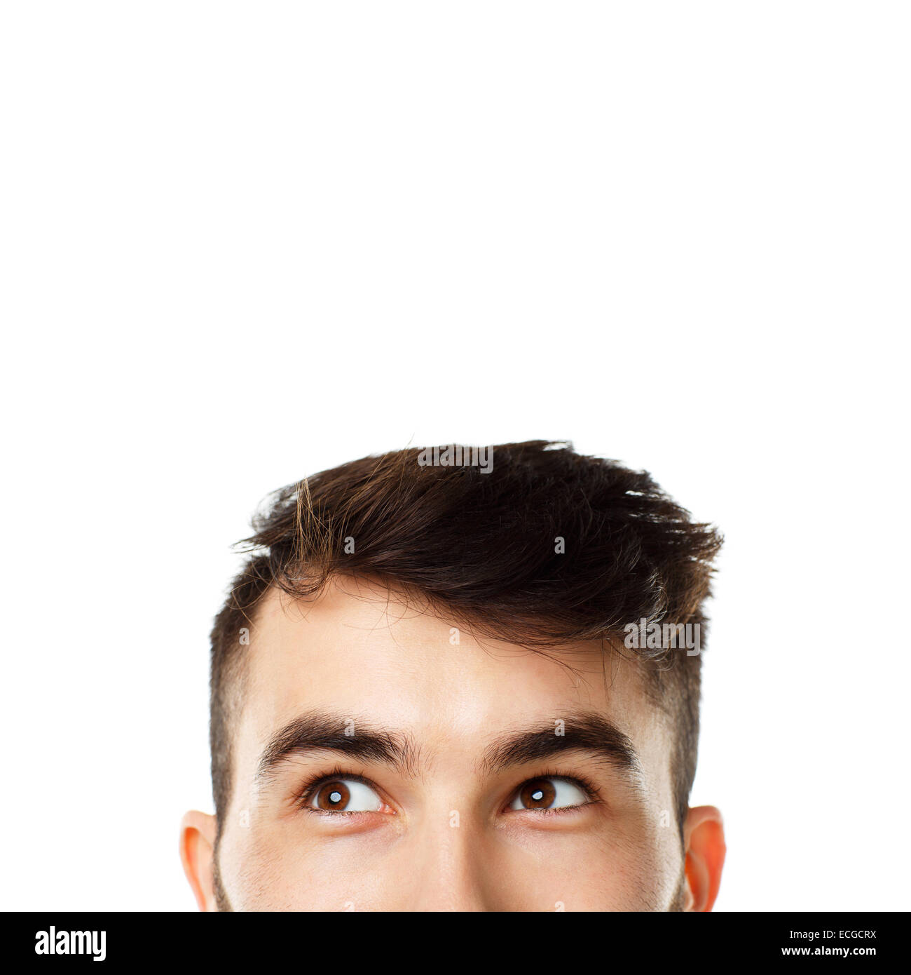 Half face expression looking on white background Stock Photo - Alamy