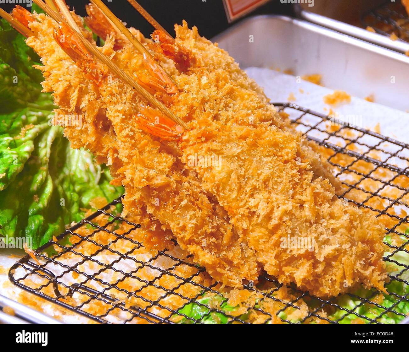 Japanese fried shrimp closeup at food stand Stock Photo - Alamy