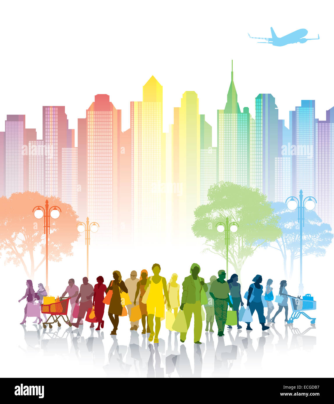 Crowd of shopping people, city with high buildings in the background ...