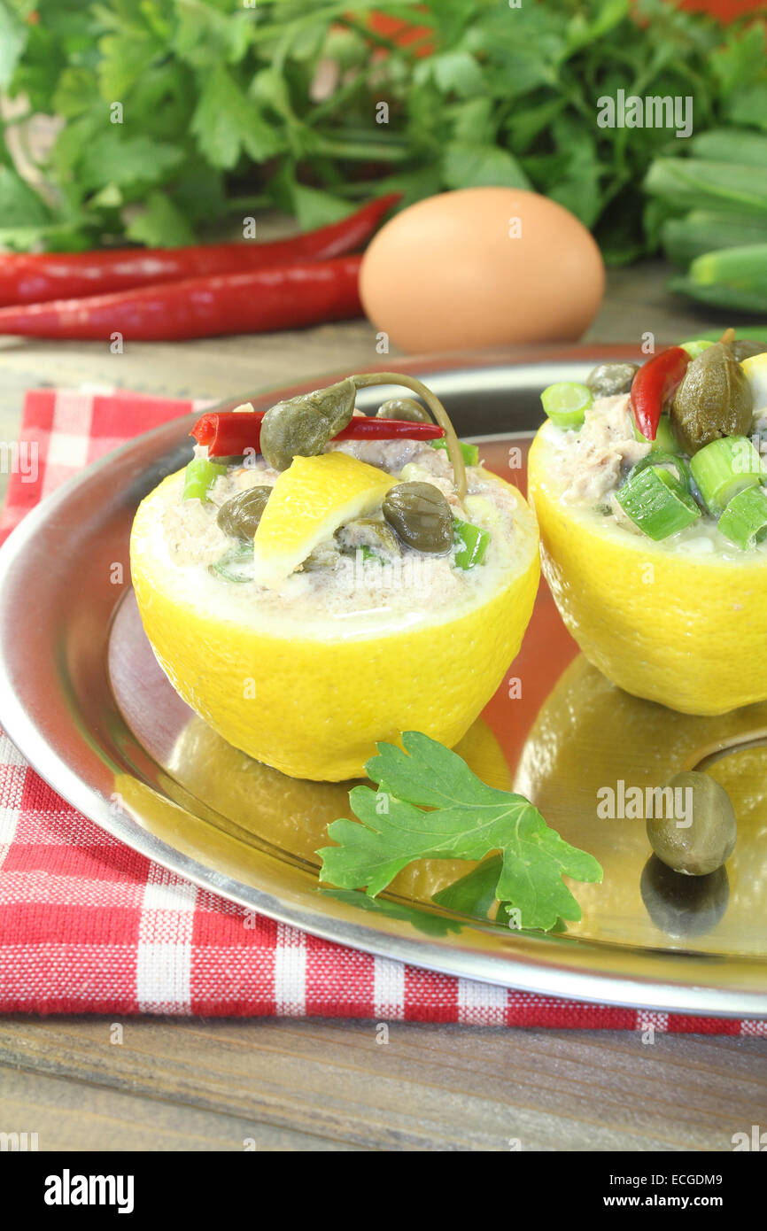stuffed Lemons with tuna cream, peperoni and capers Stock Photo - Alamy