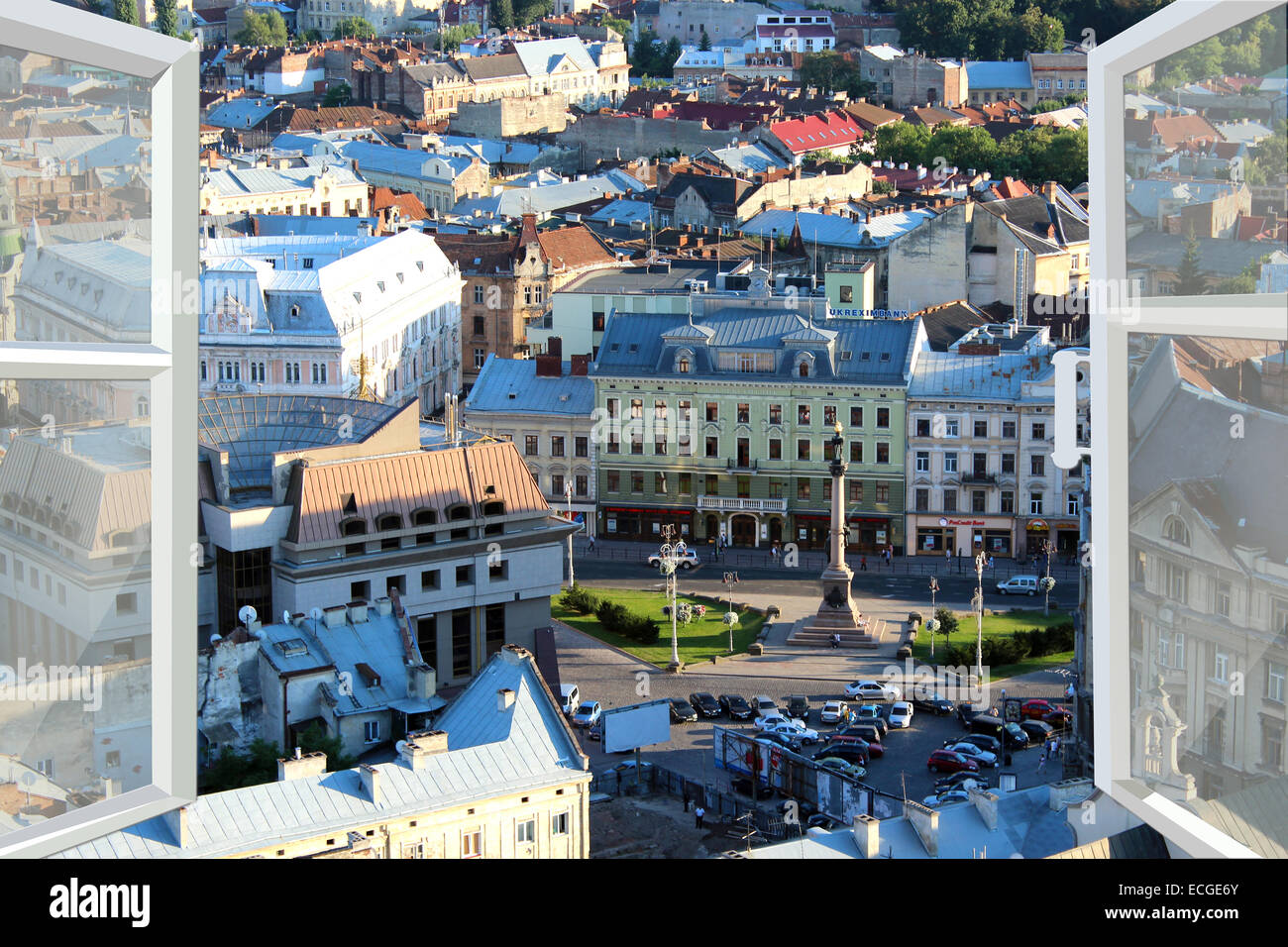 opened window with view of the roofs of city Stock Photo - Alamy