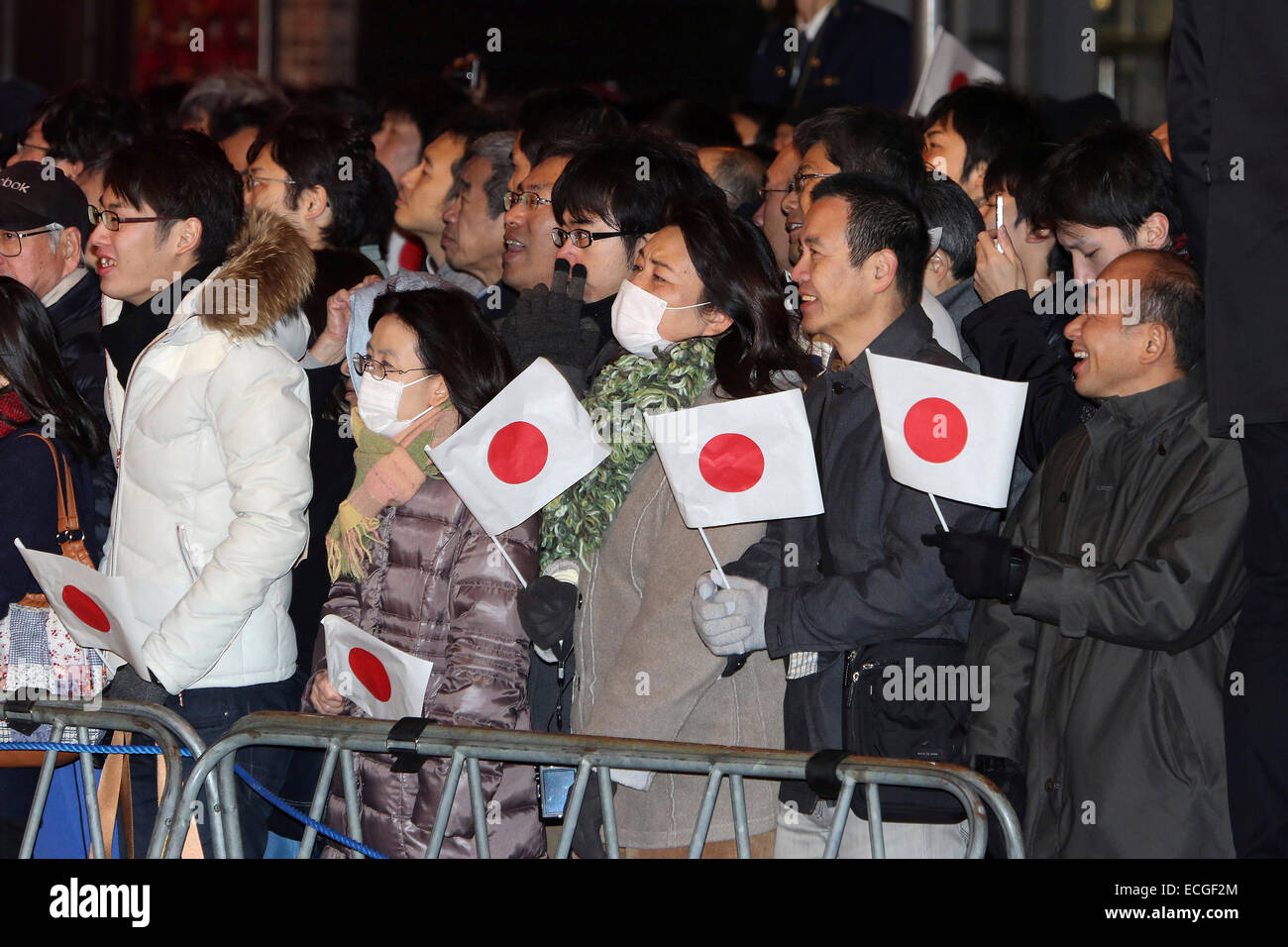 Akihabara, Tokyo, Japan. 13th Dec, 2014. Crowds of people listen to a ...
