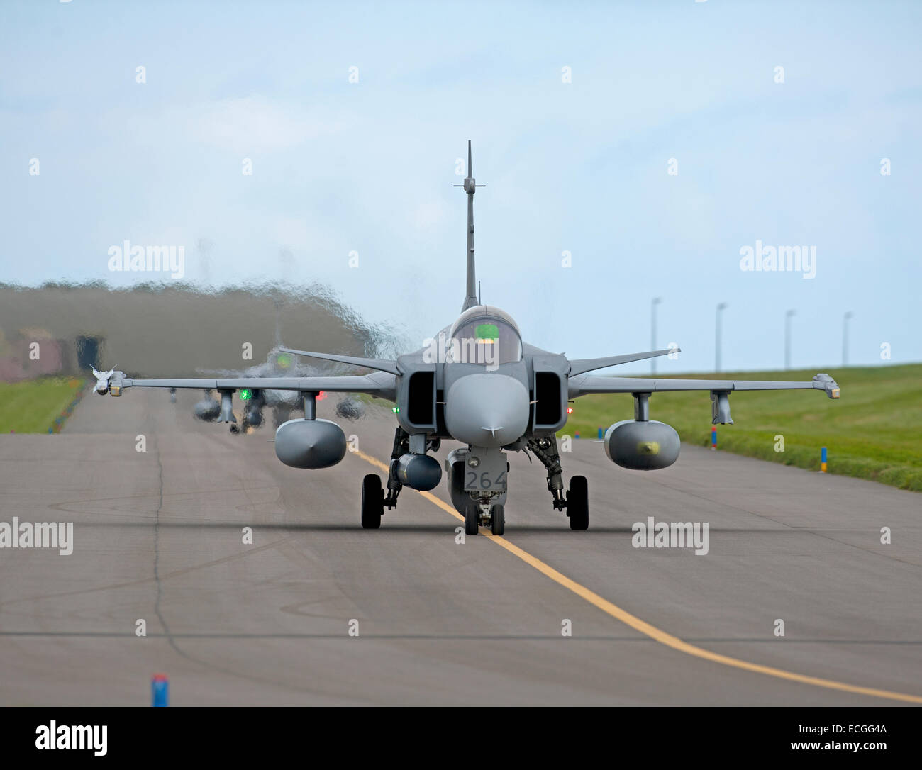 Line up of JAS 39 Saab Gripen single seat Mach 2 Fighter Jets taxiing ...