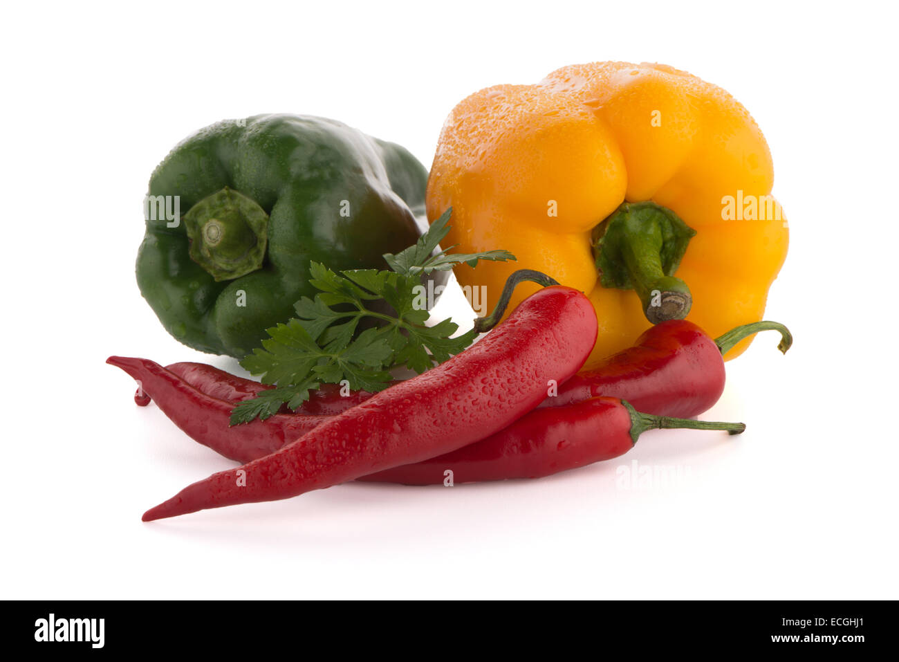 Mediterranean vegetables with red chilli peppers, parsley and bell ...