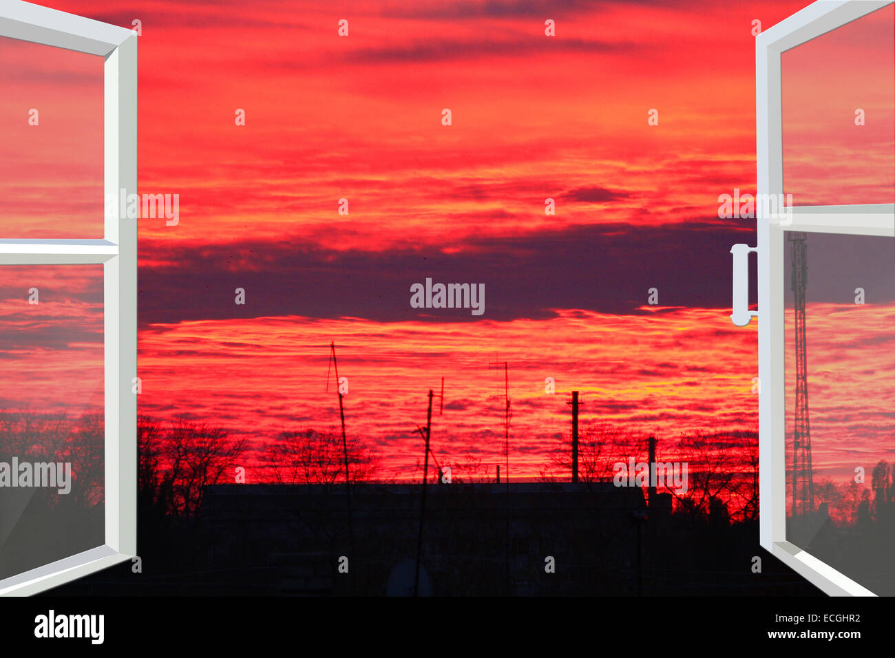 white window opened to the beautiful scarlet sunset Stock Photo - Alamy