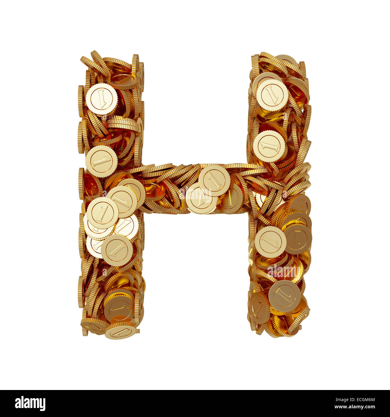 3d illustration of alphabet letter H with golden coins isolated on ...