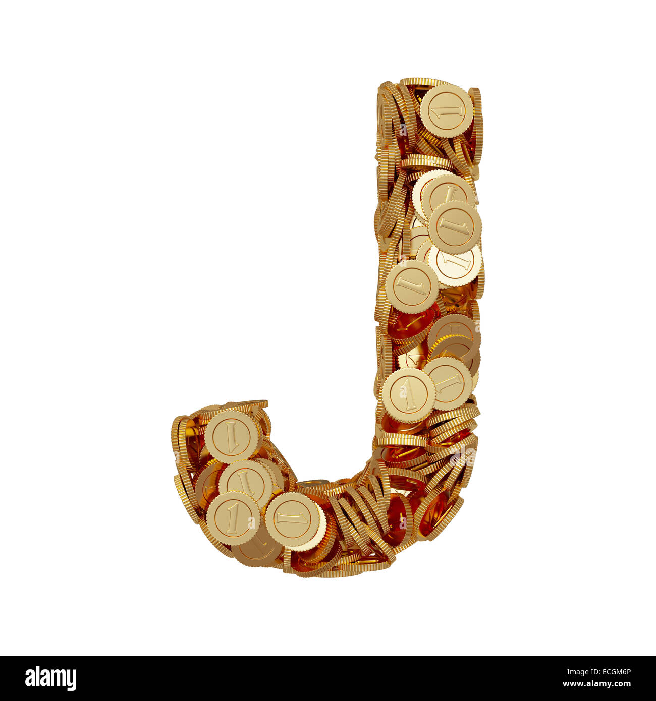 3d illustration of alphabet letter J with golden coins isolated on ...