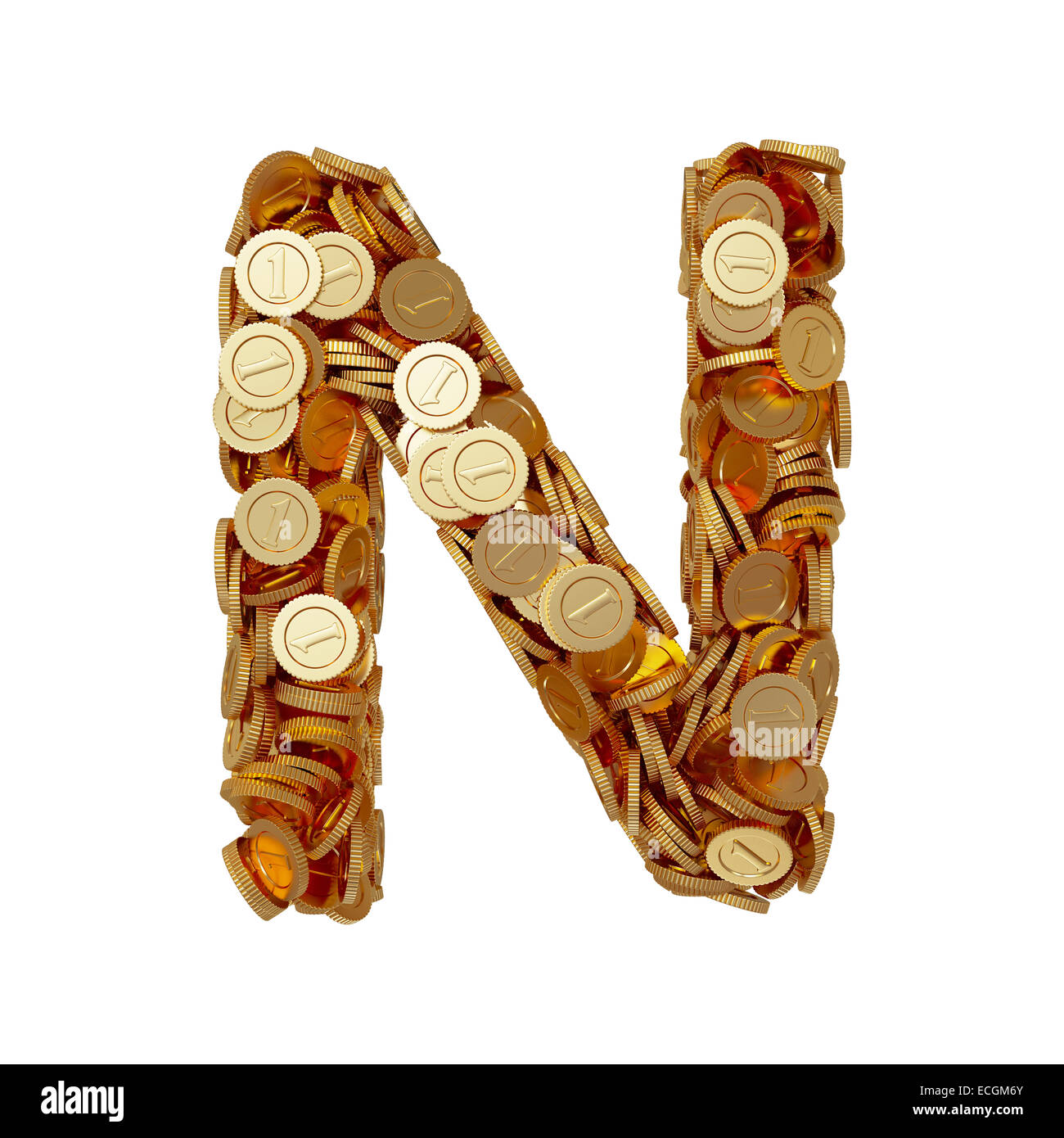 3d illustration of alphabet letter N with golden coins isolated on ...