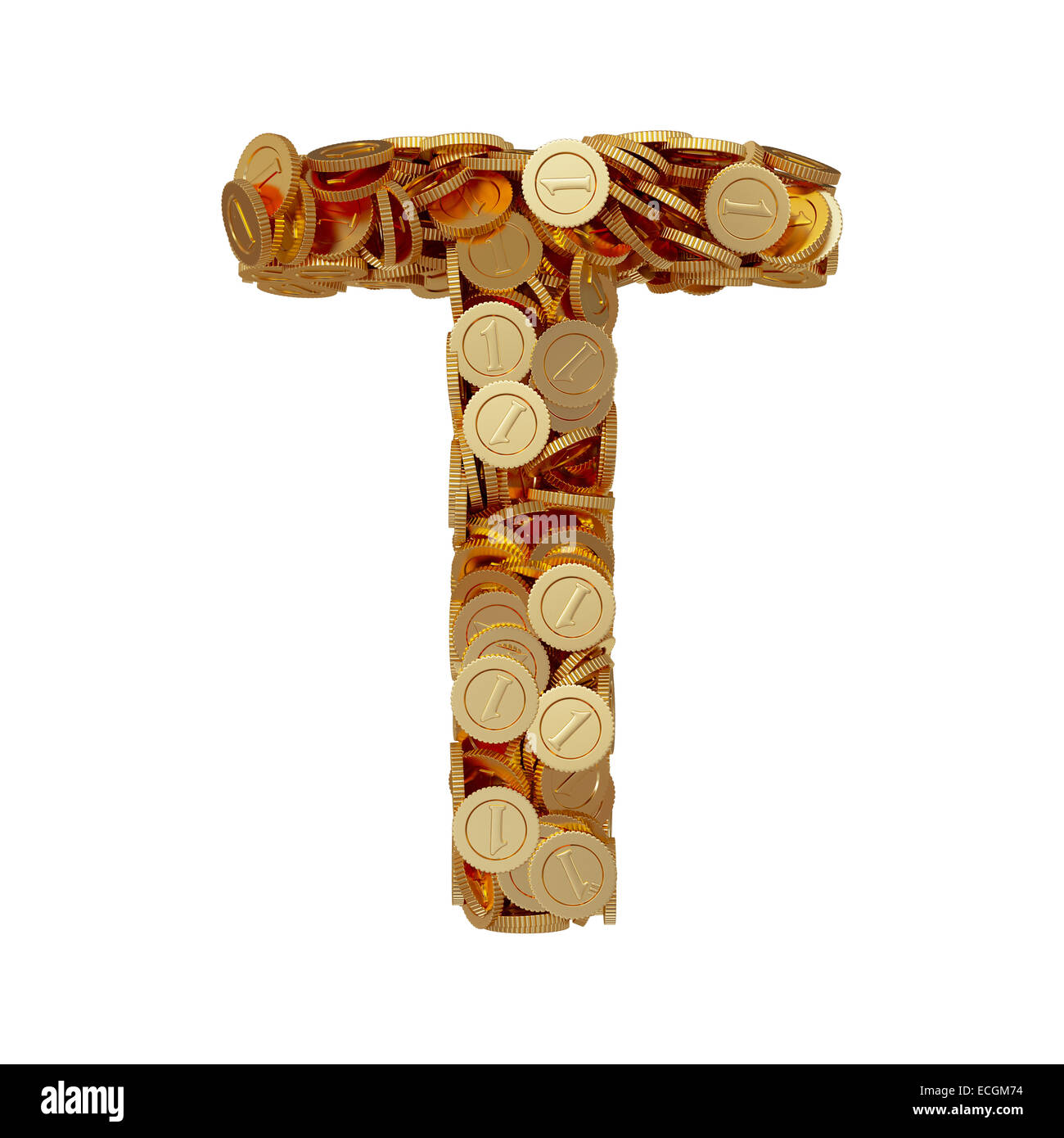 3d illustration of alphabet letter T with golden coins isolated on ...