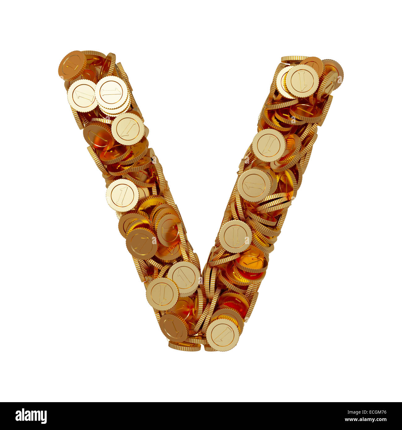 3d illustration of alphabet letter V with golden coins isolated on ...