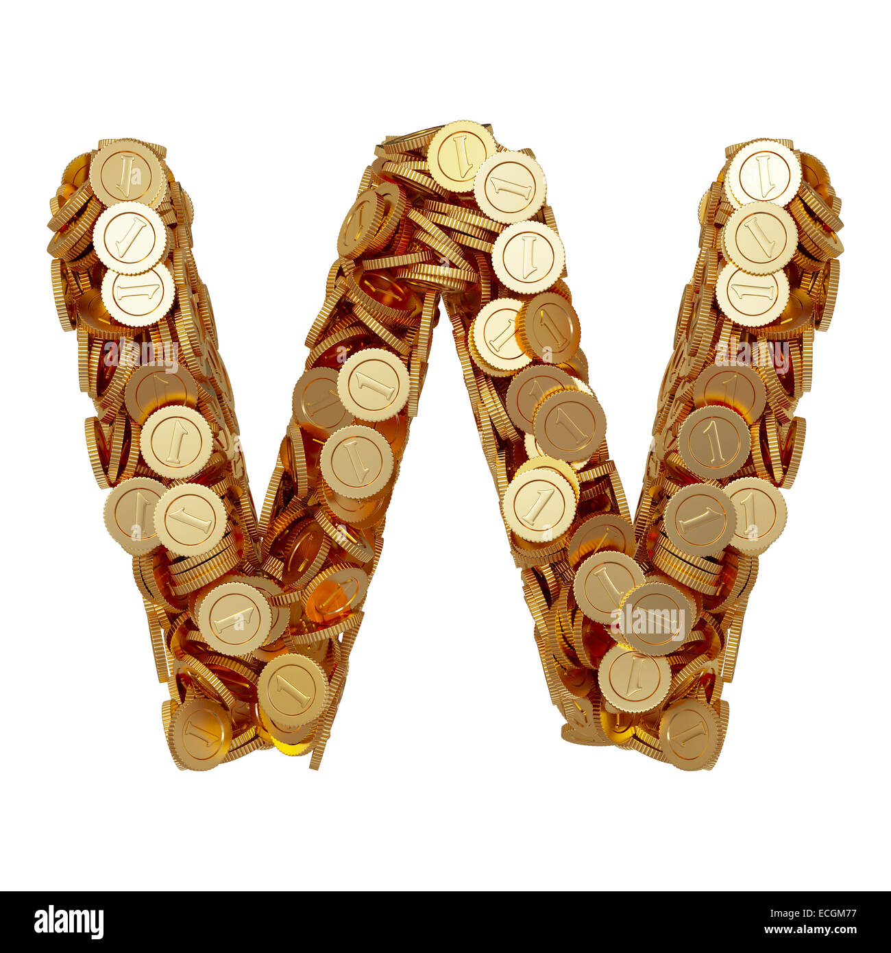3d illustration of alphabet letter W with golden coins isolated on ...