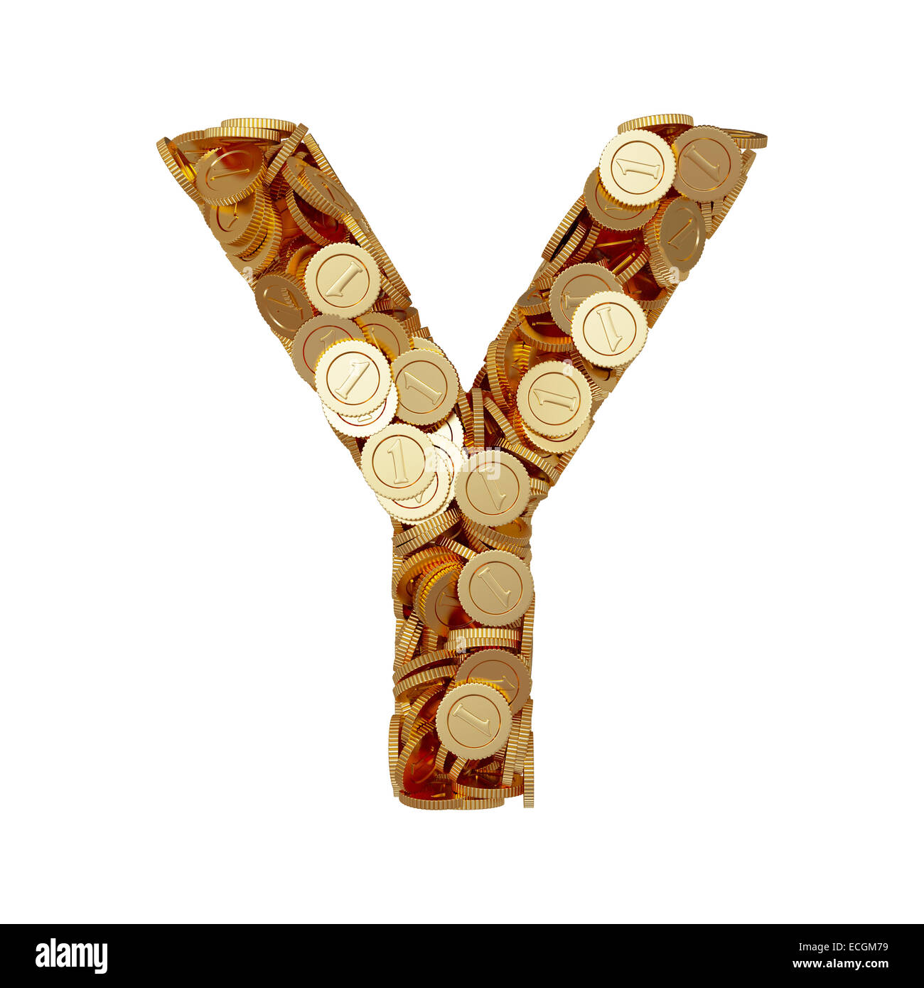 3d illustration of alphabet letter Y with golden coins isolated on ...