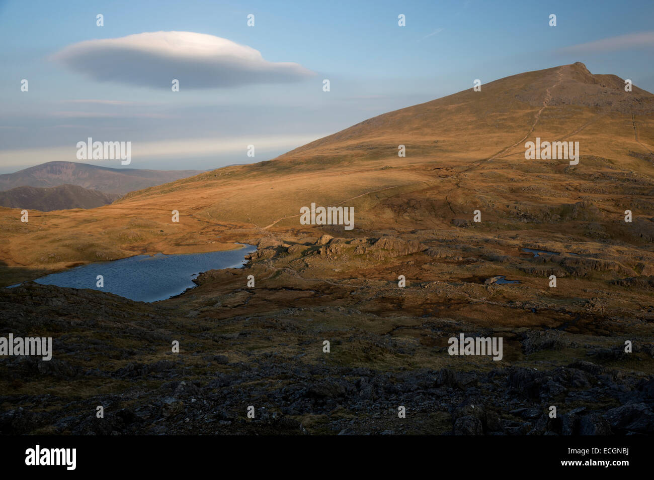 Lenticular cloud over Y Garn and Llyn Y Cwn, Glyderau range, Snowdonia ...