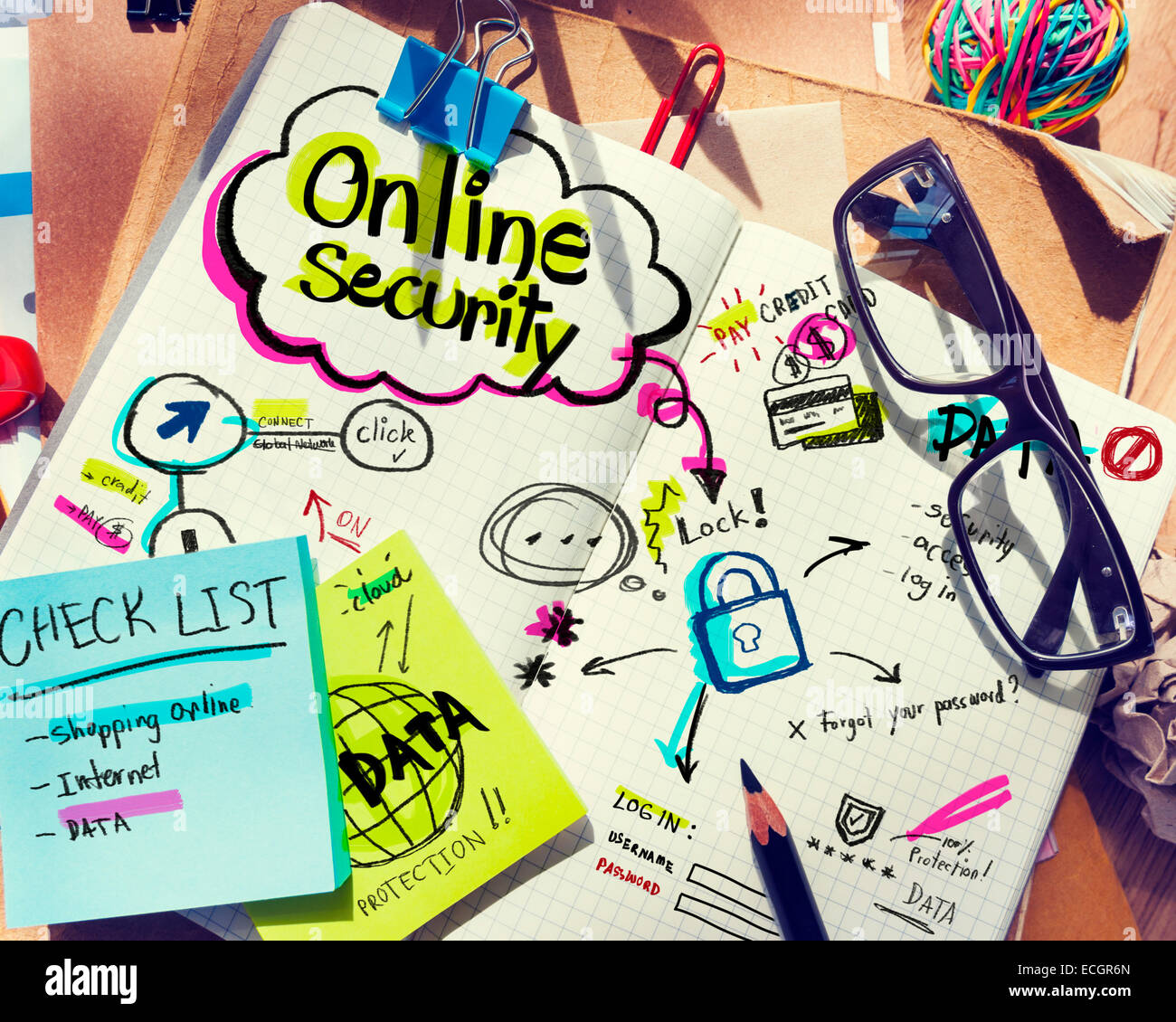 Messy Office Desk with Online Security Concept Stock Photo - Alamy
