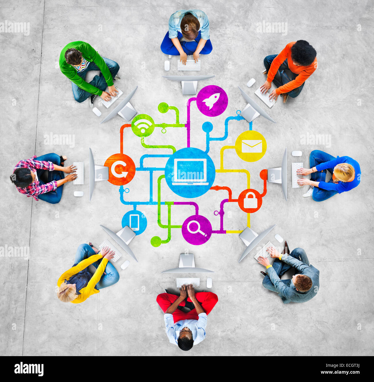 Diverse People Using Computers with Social Media Symbols Stock Photo ...