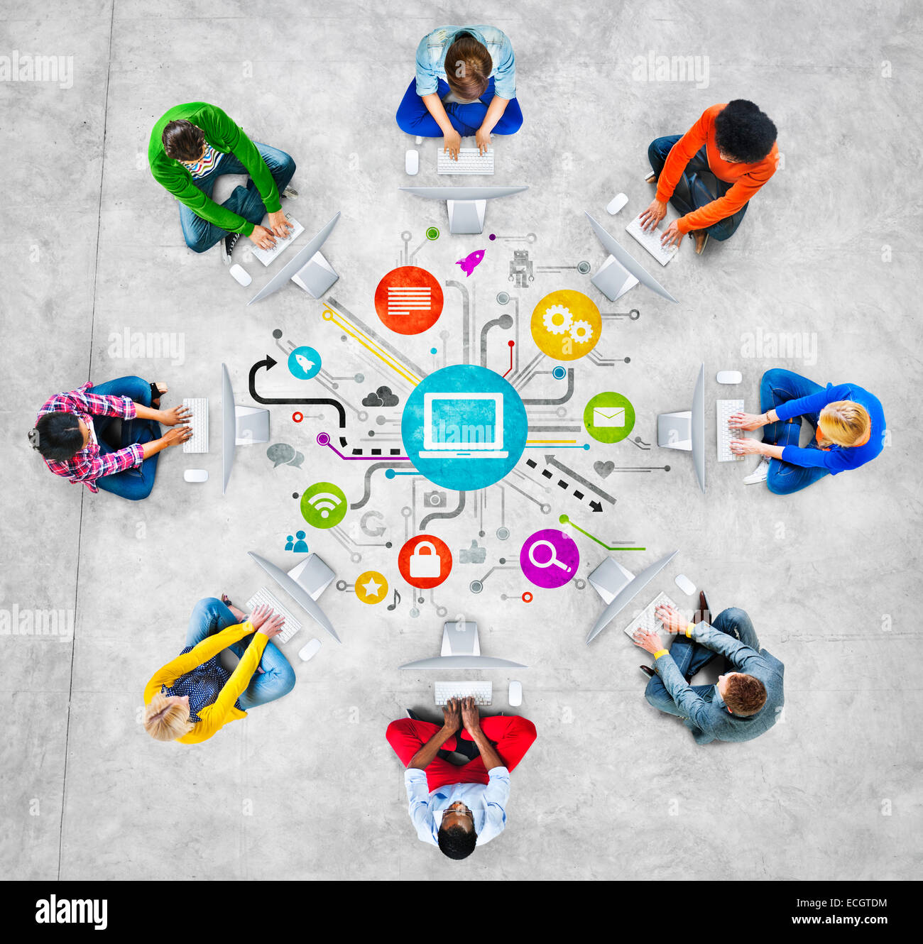 Diverse People Using Computers with Social Media Symbols Stock Photo ...