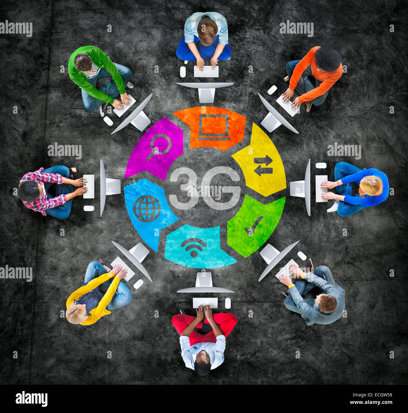 Diverse People in a Circle Using Computer with 3G Concept Stock Photo ...