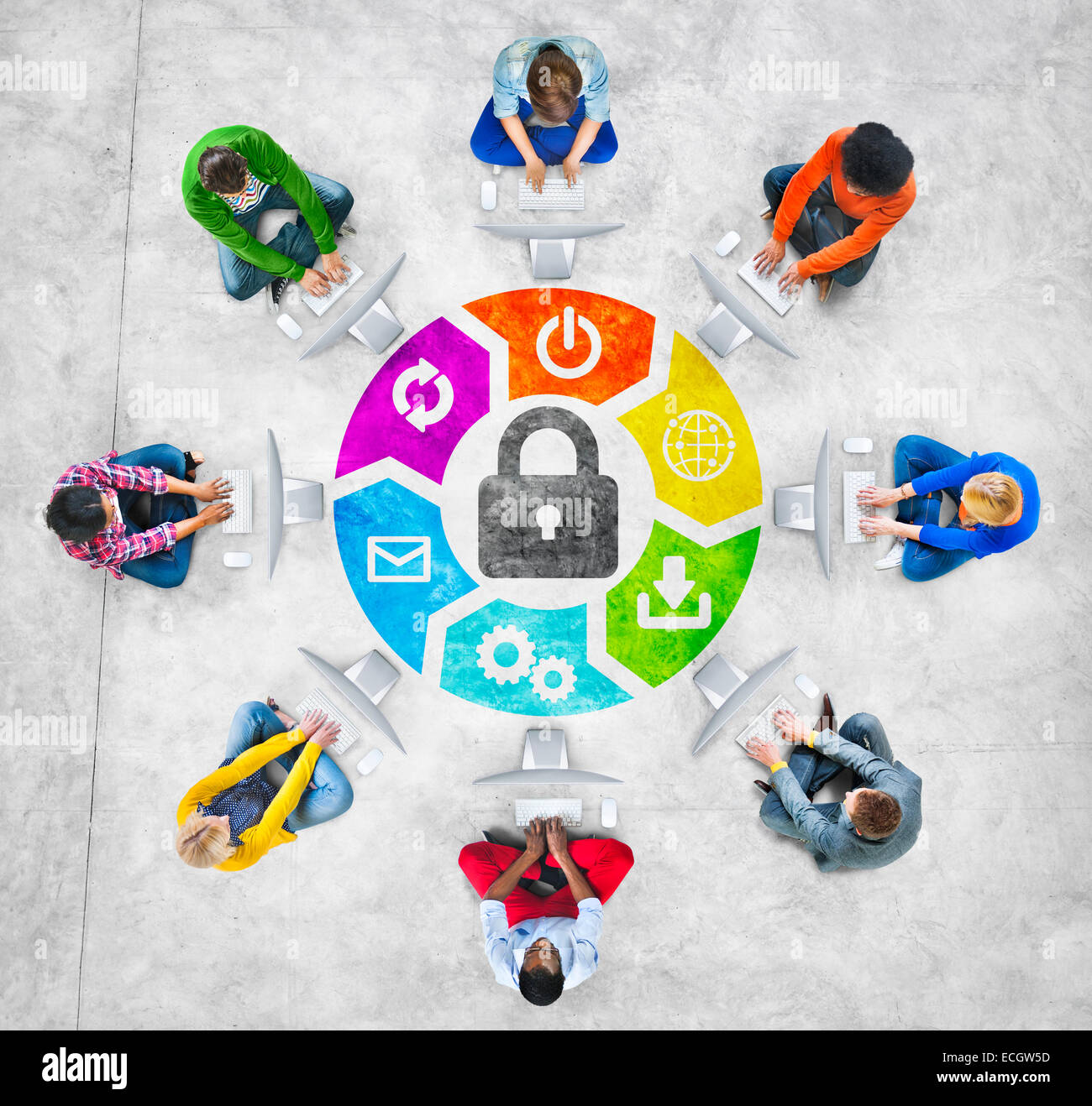 People in a Circle Using Computer with Security Concept Stock Photo - Alamy