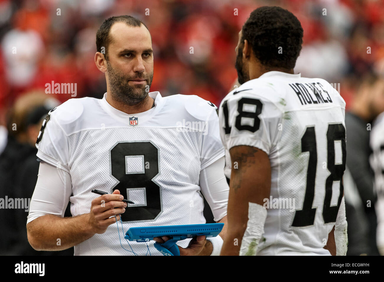 Kansas City, MO, USA. 14th Dec, 2014. Oakland Raiders wide receiver Andre Holmes (18) talks with ...