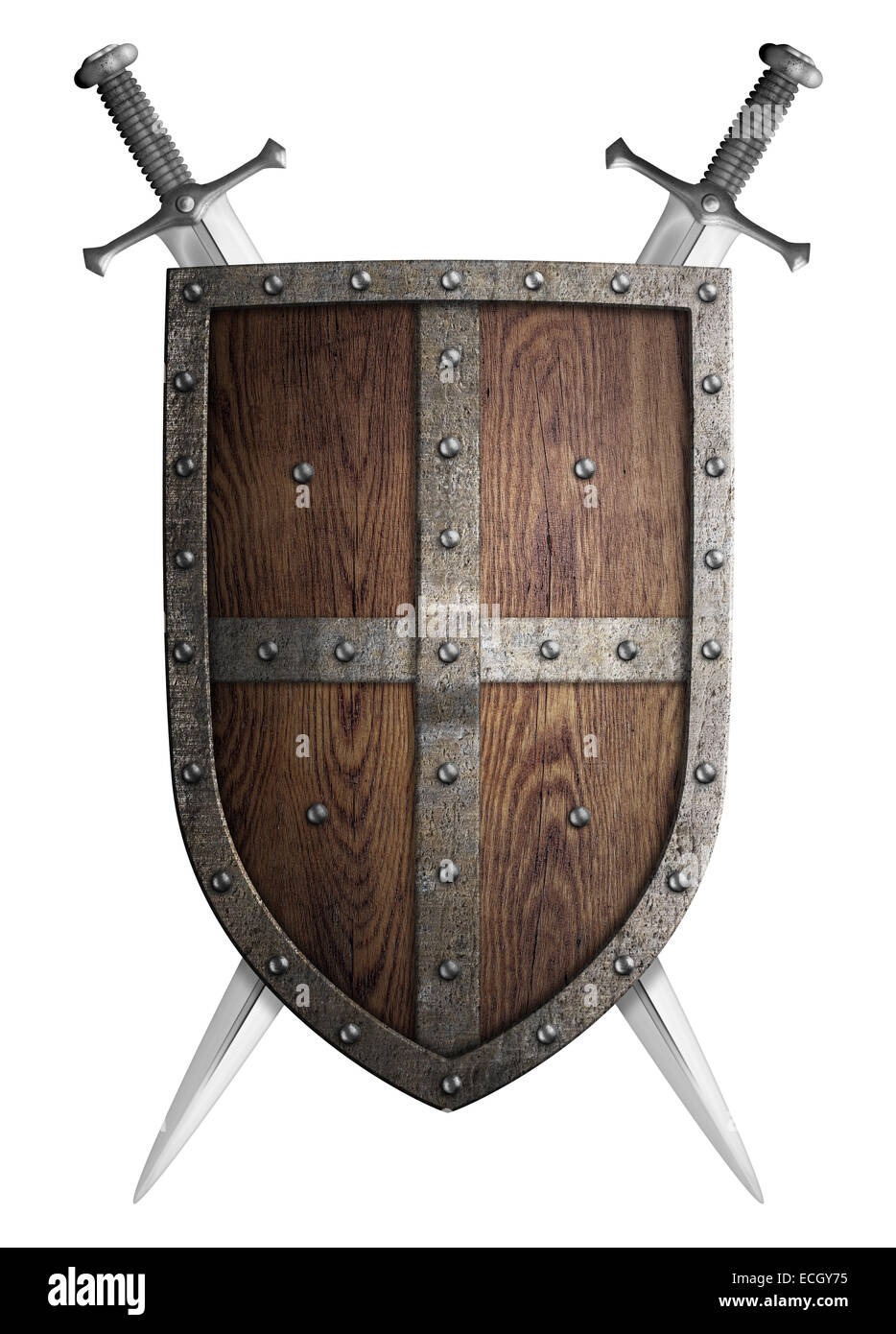 old wooden medieval crusader shield and two crossed swords isolated ...