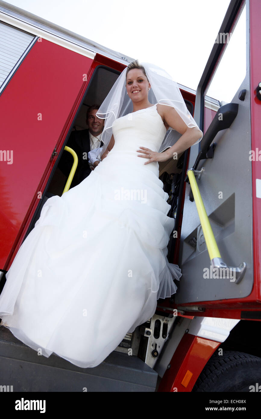 bride in fire truck Stock Photo - Alamy
