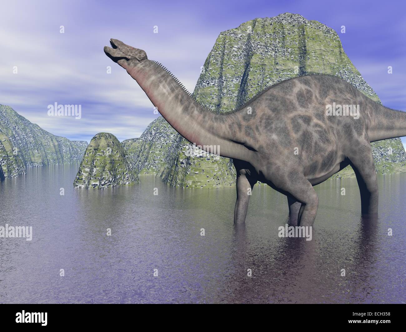 A dicraeosaurus dinosaur legs in the water surrounded with mountains ...