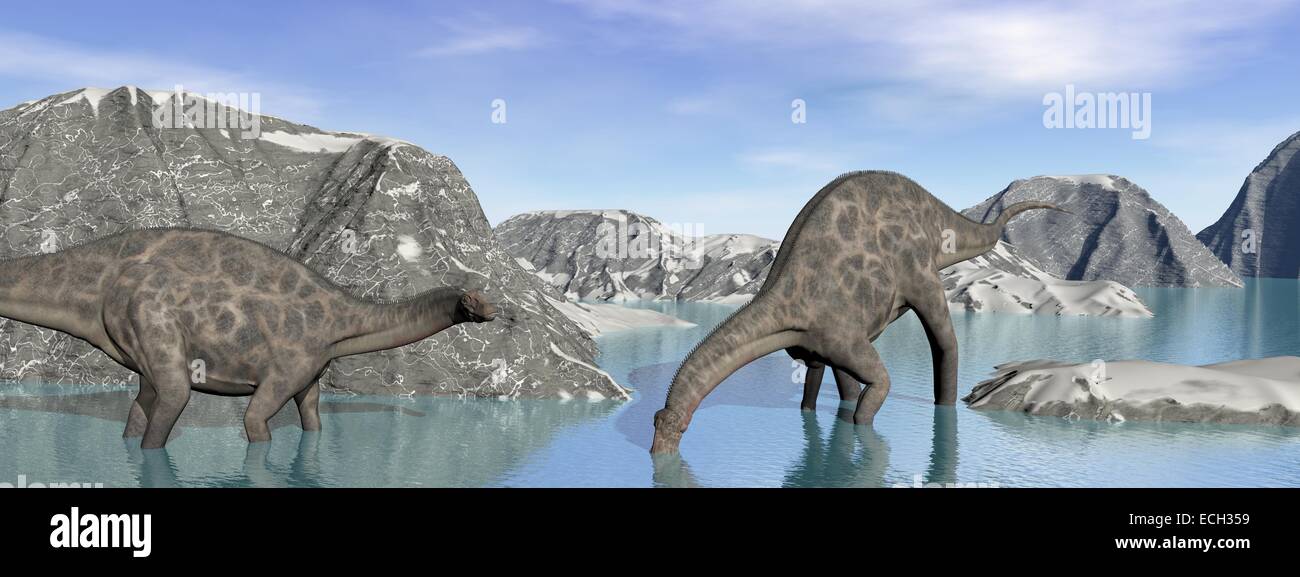 two dicraeosaurus dinosaur drink some water surrounded with mountains ...