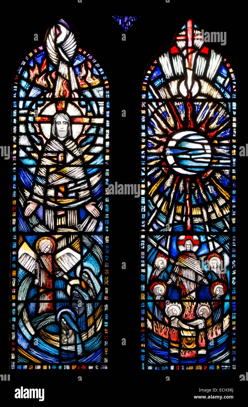 Modern stained glass in St. Mary`s Church, Blakesley, Northamptonshire ...