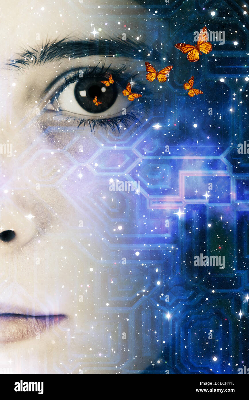 girl face, butterflies and space, future generations, human creativity ...