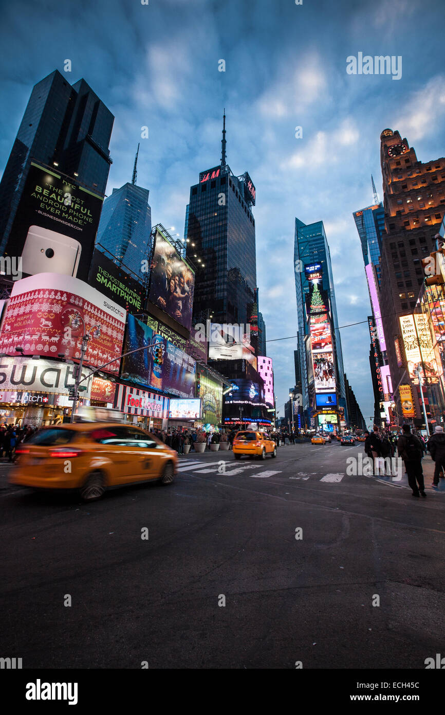 Yellow cabs in Times Square, junction of Broadway and Seventh Avenue ...