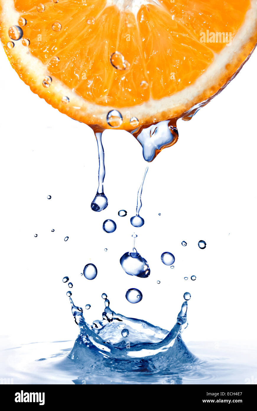 fresh water drops on orange with water splash isolated on white Stock ...