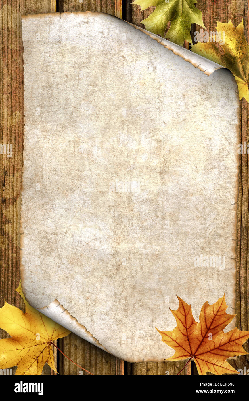 old paper with autumn leaves on wood Stock Photo - Alamy