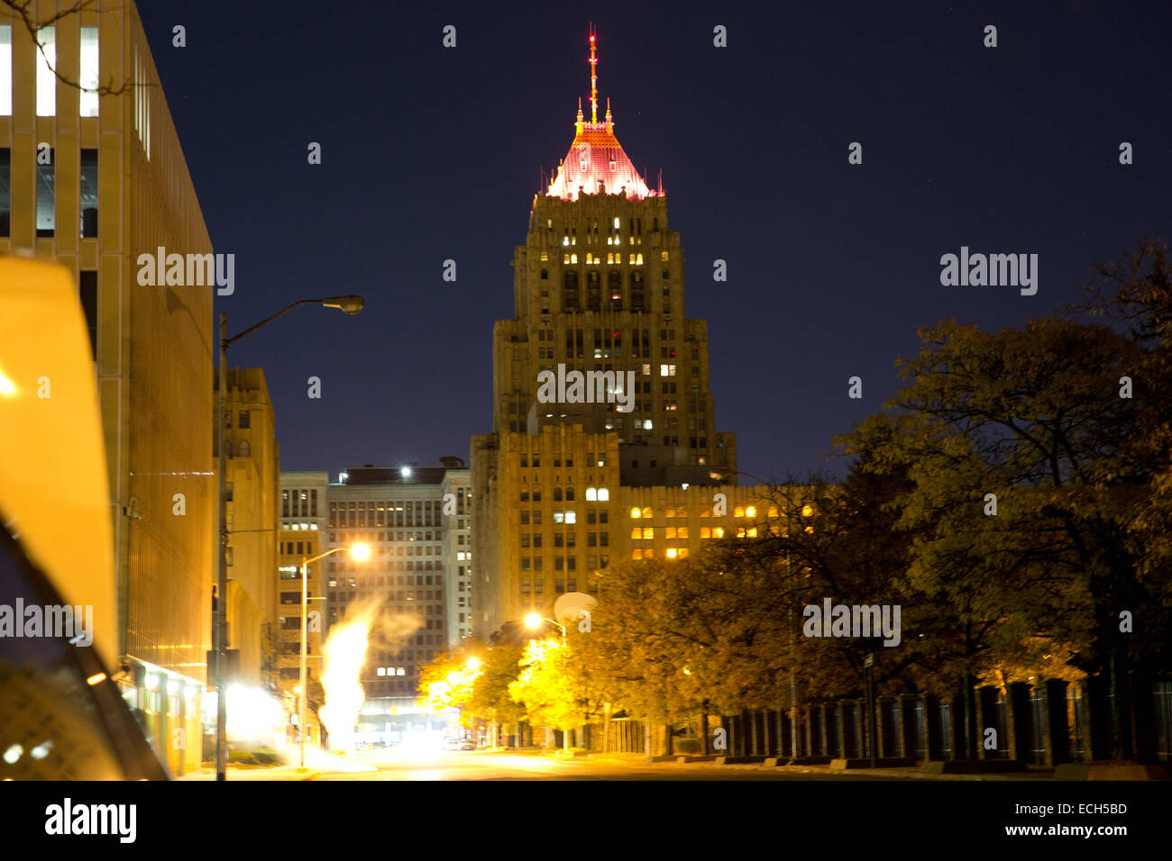 Illuminated landmark Fisher Building at night, Detroit, Michigan, USA ...