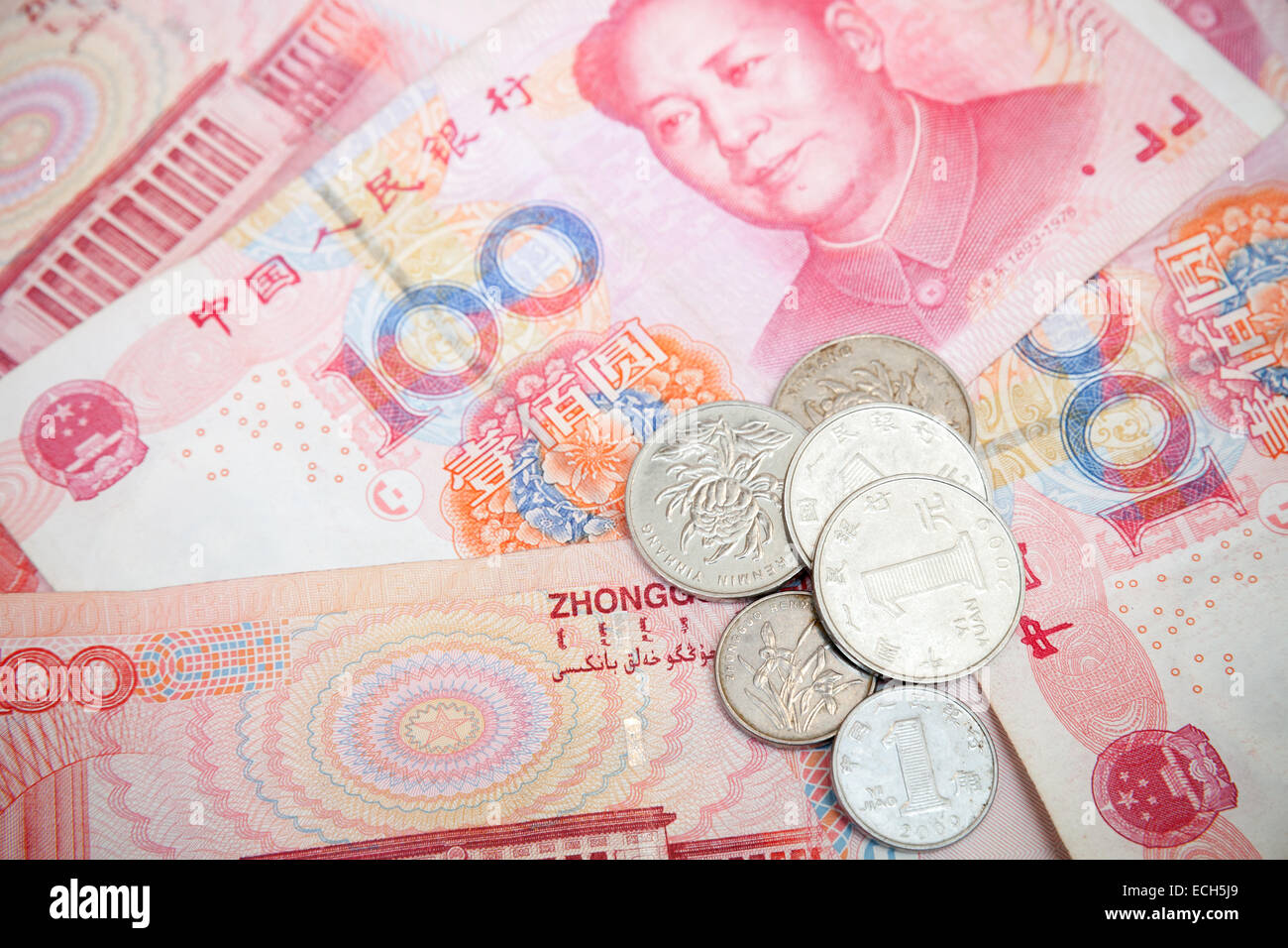 Chinese yuan renminbi banknotes and coins. Close up photo background ...