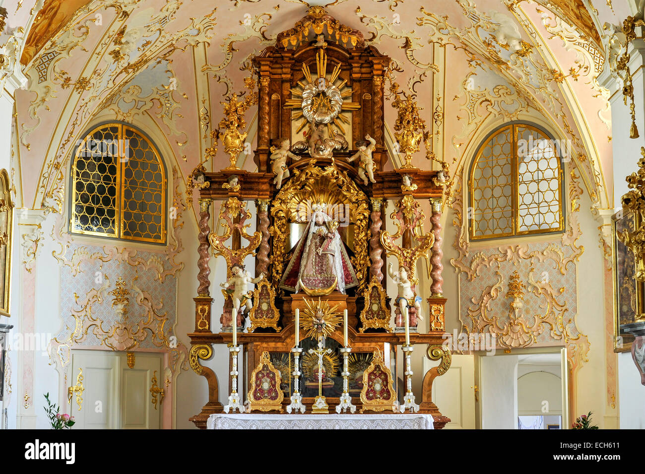 Main altar with painting, chapel with Rococo interiors Pilgrimage Stock ...