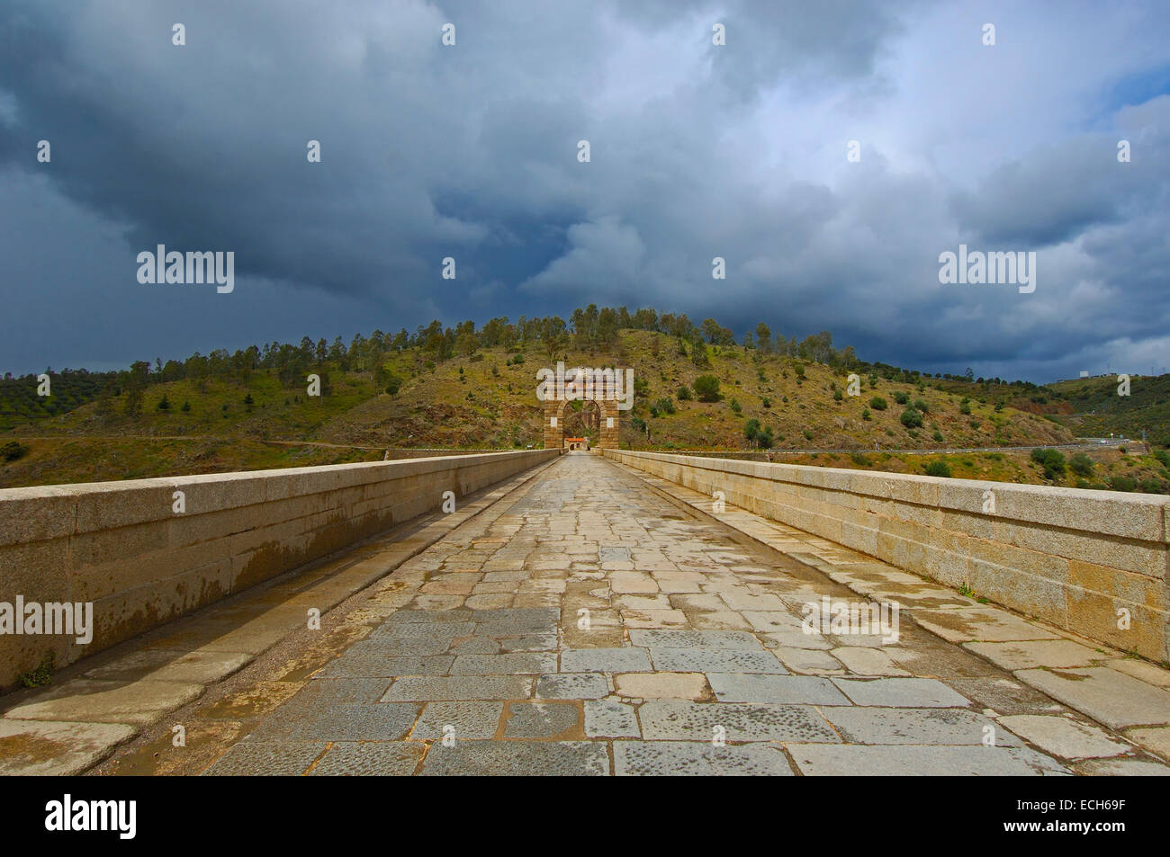 Roman bridge over the Tagus River, Alcantara, Caceres province ...