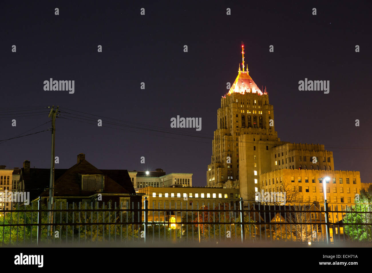 Illuminated landmark Fisher Building at night, Detroit, Michigan, USA ...