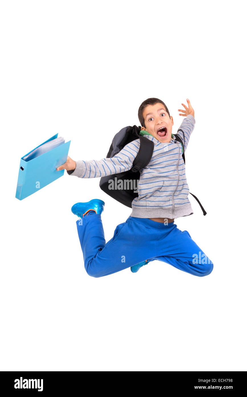 Young boy student jumping isolated in white Stock Photo - Alamy