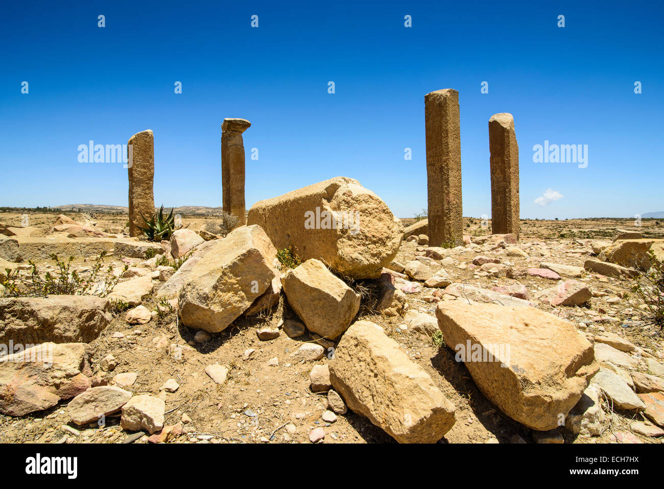 The columns of a ruined structure at the Pre-Aksumite settlement of ...