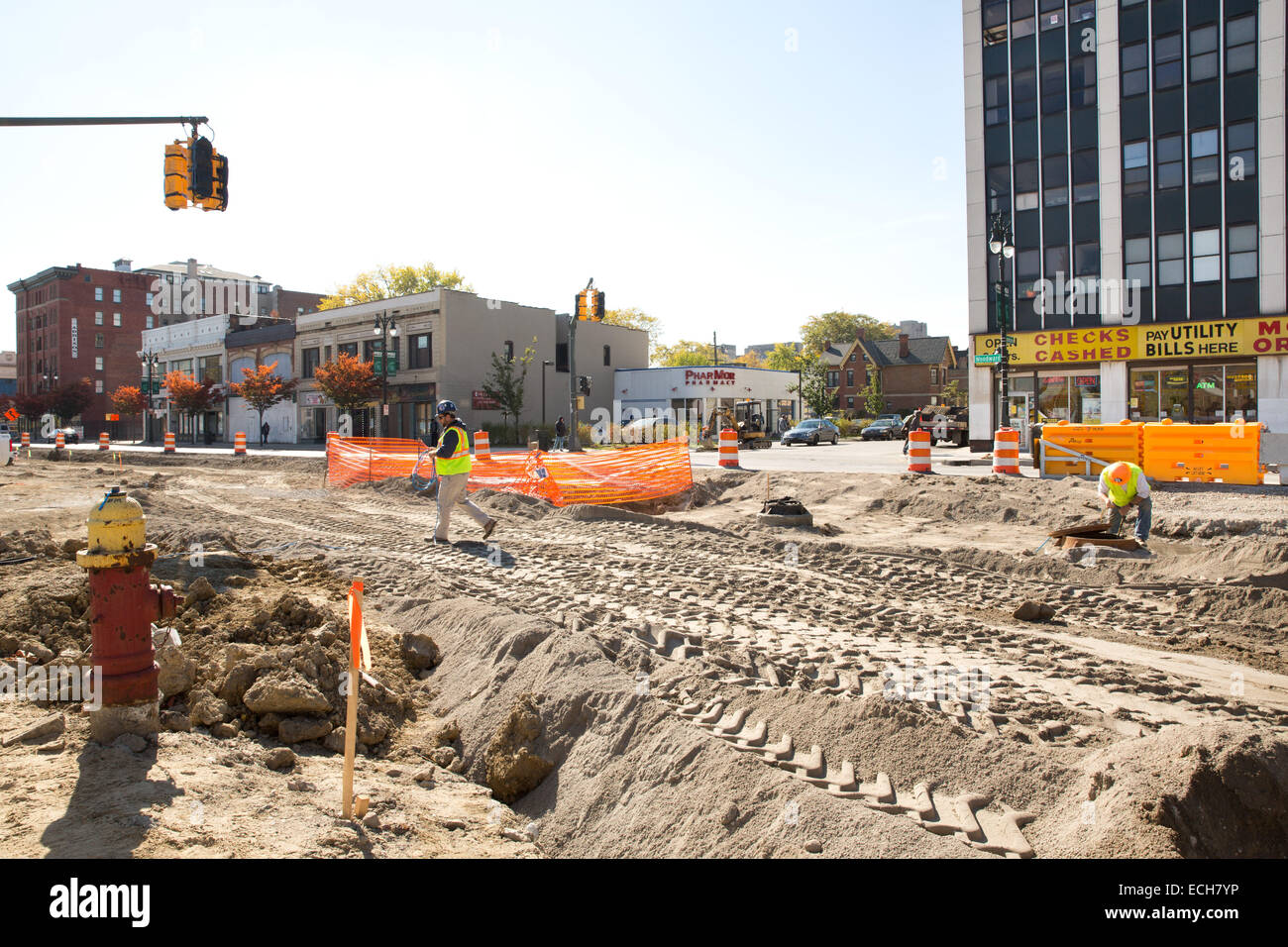 Streetcar project 'M-1 Rail' on Woodward Ave, Detroit, Michigan, USA ...