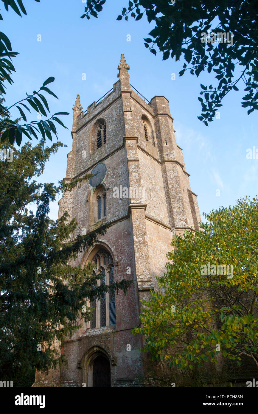 St Peter parish church tower against blue sky Clyffe Pypard, Wiltshire ...