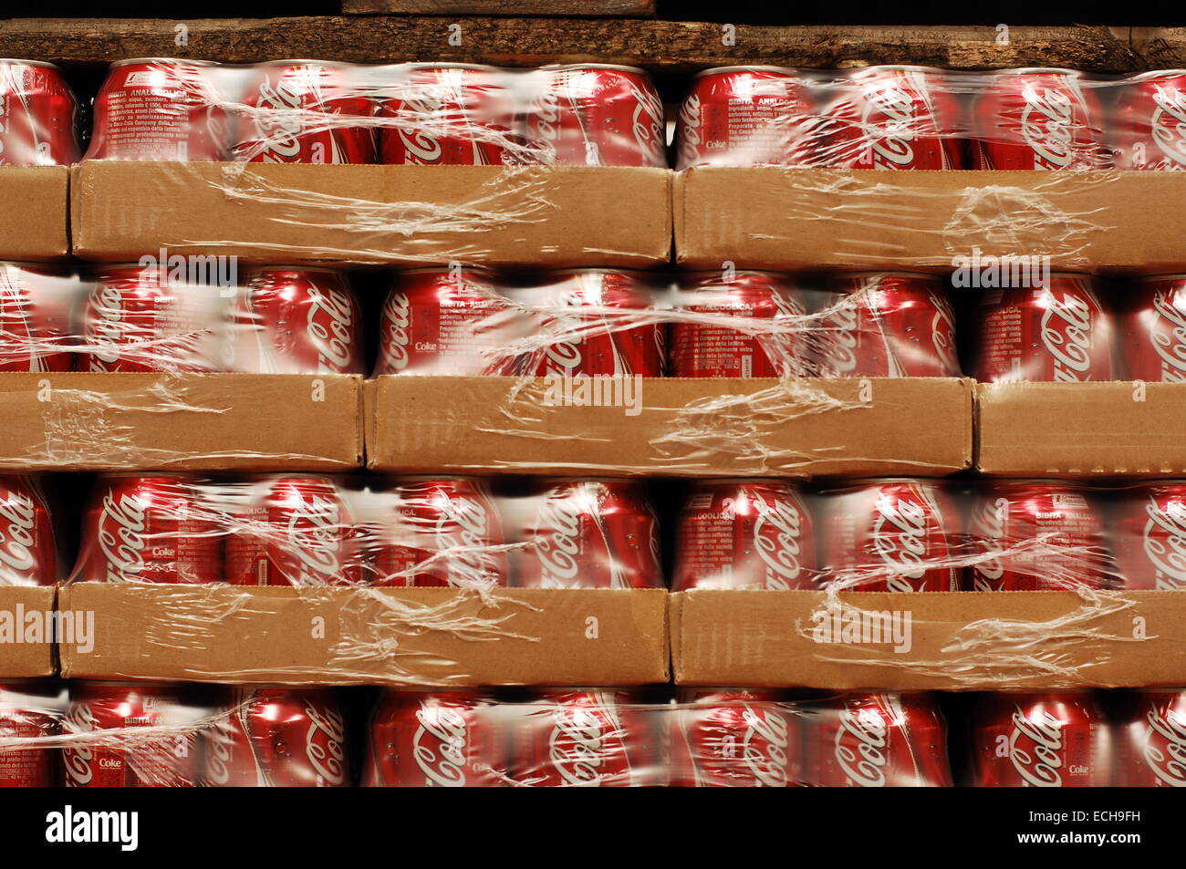 Coca Cola Cocacola can Warehouse boxes from shelf with forklift Stock ...