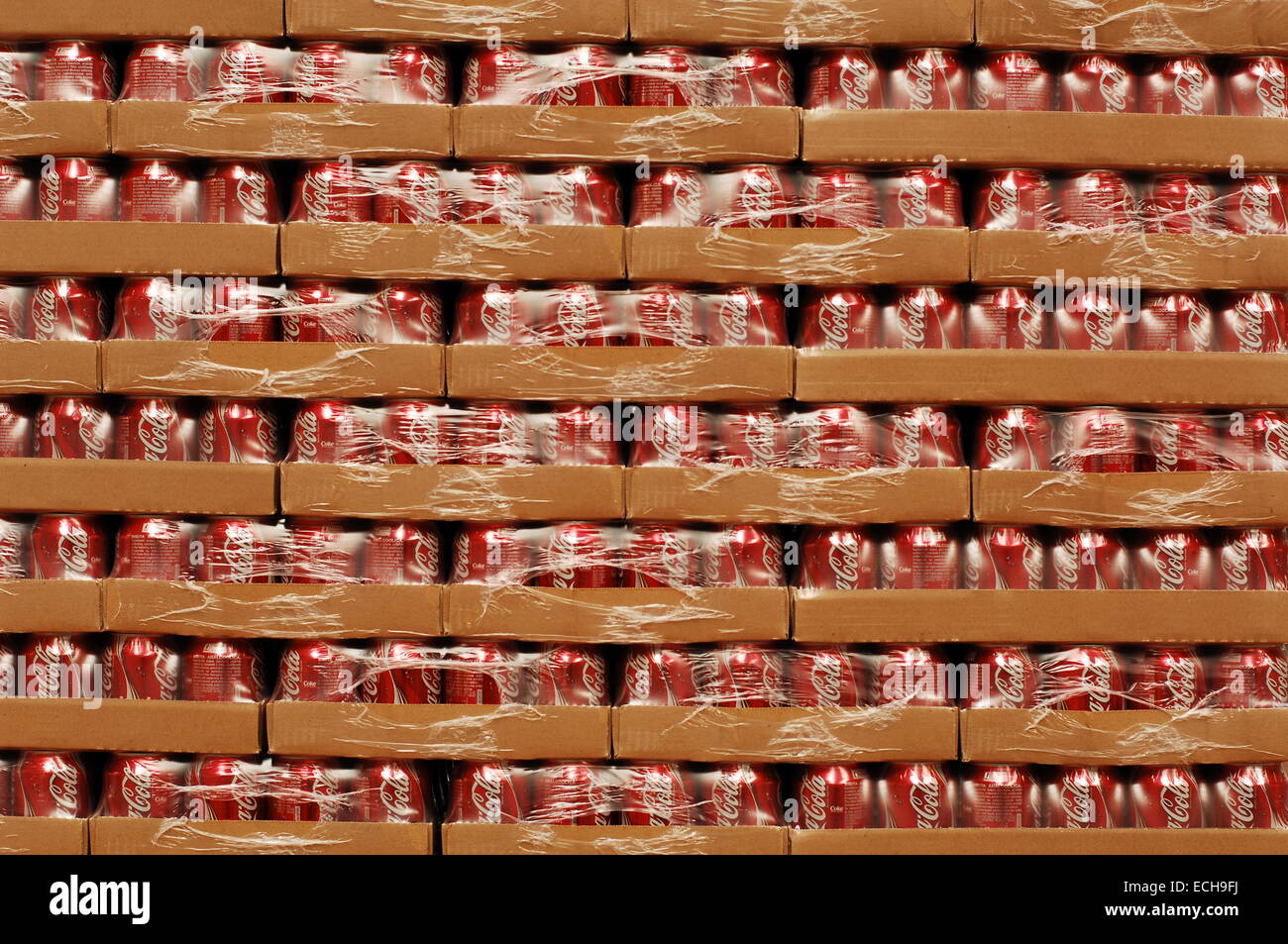 Coca Cola Cocacola can Warehouse boxes from shelf with forklift Stock ...