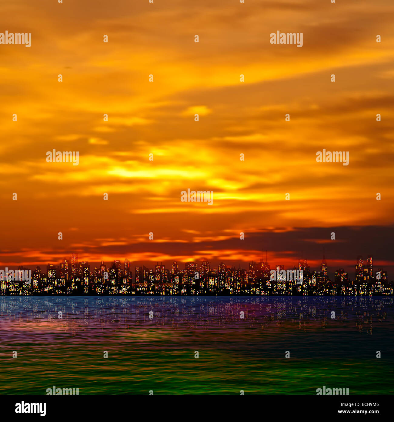 abstract nature red background with panorama of city and clouds Stock ...